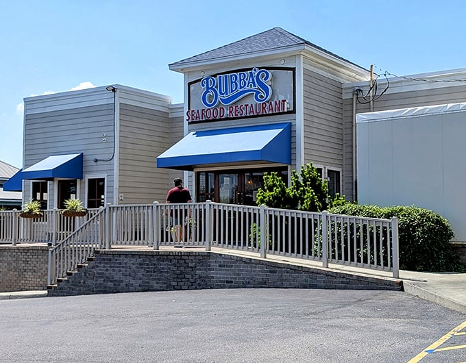 Blue awnings and big flavors! Bubba's no-nonsense exterior hides seafood treasures that locals line up for.