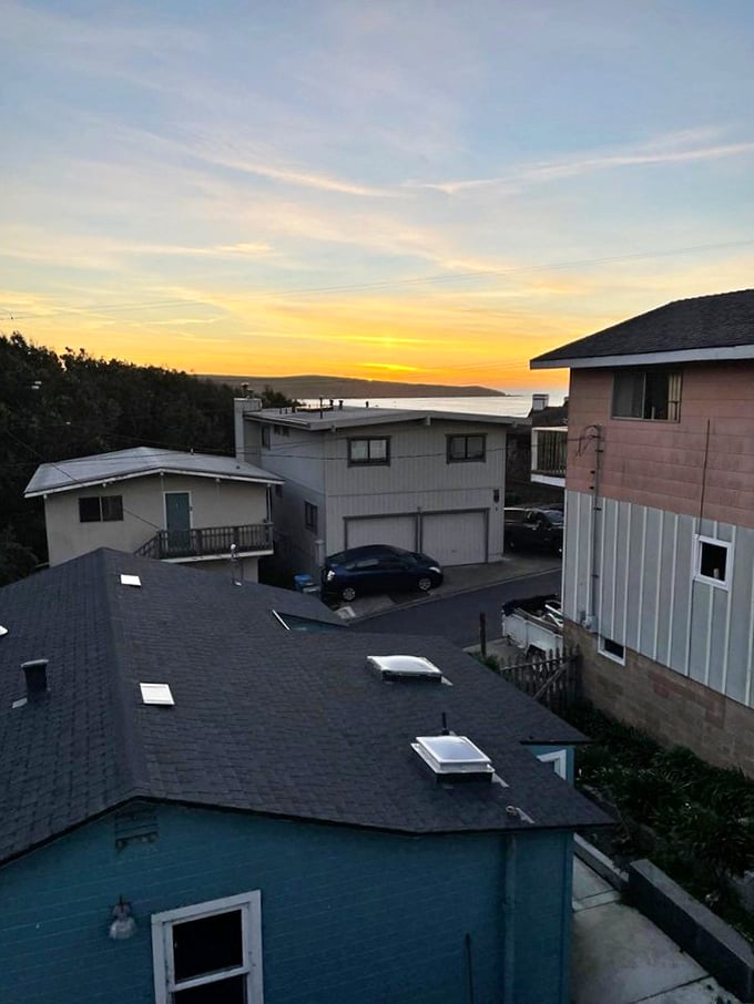 Dillon Beach: Sunset paints the sky in watercolor hues, turning modest beach homes into million-dollar views for the evening show.