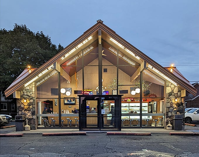 Donutville's A-frame design isn't just architecture – it's a cathedral dedicated to the religion of perfectly fried dough.