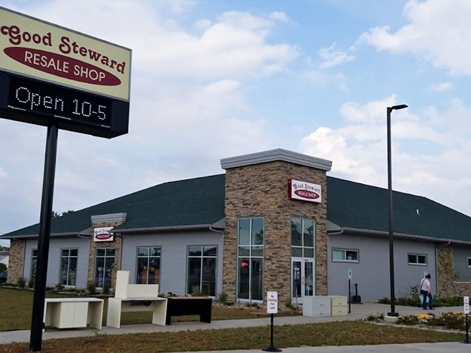 Good Steward's modern stone facade feels more upscale boutique than thrift store – a secondhand sanctuary awaits inside.