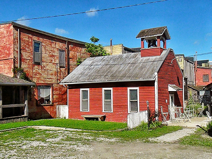 This little red schoolhouse in Grabill looks like it jumped straight out of a history book—nostalgia in architectural form.