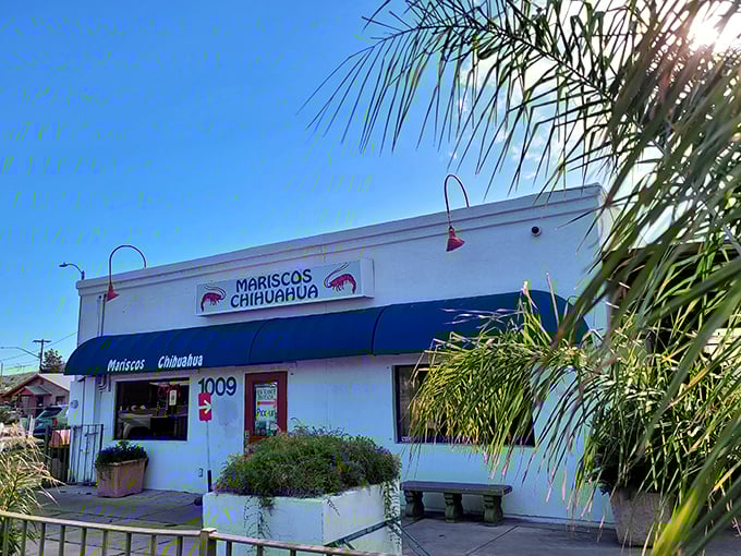 Mariscos Chihuahua's bright blue awning stands out like a seafood oasis in Tucson's urban landscape.