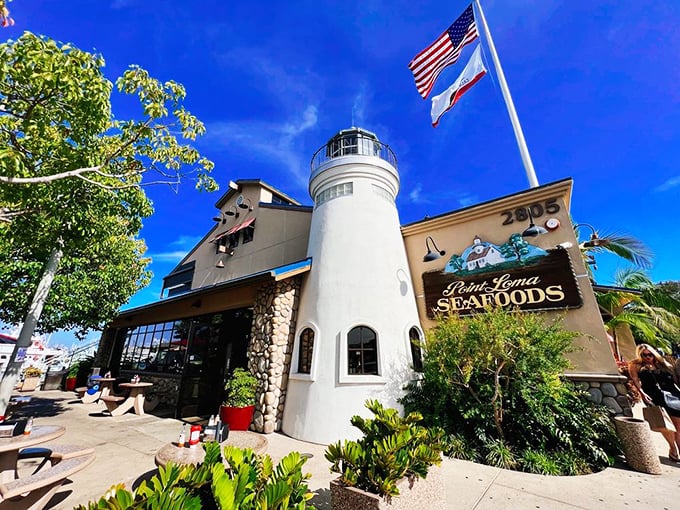 Point Loma's charming lighthouse structure stands like a beacon for seafood lovers. This San Diego institution proves great seafood needs no fancy frills.