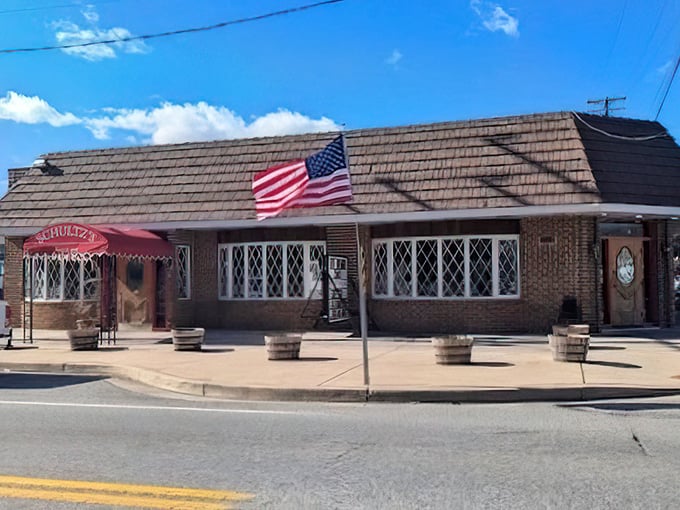 Schultz's Crab House: Diamond-paned windows and an American flag – this brick beauty has been serving crab dreams since 1969.