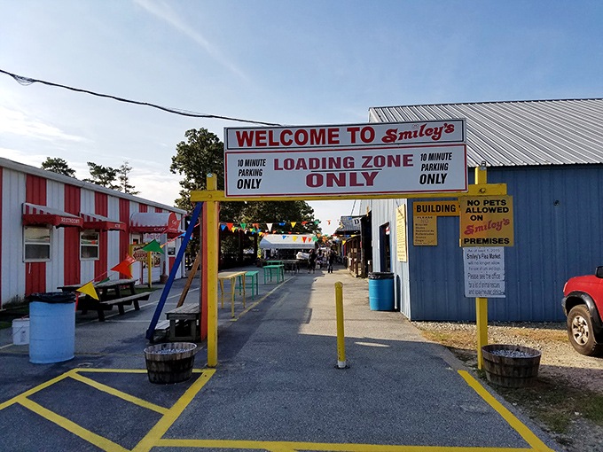 Smiley's loading zone sign might as well say "Happiness Unloading Area"—your wallet gets lighter while your spirits soar.
