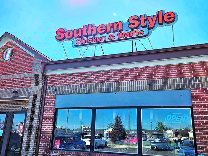The brick exterior says "business as usual," but inside is a sweet-savory romance between chicken and waffles.
