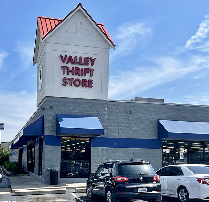 Valley Thrift Store's distinctive tower stands like a lighthouse, guiding bargain hunters safely to shore through seas of retail markup.
