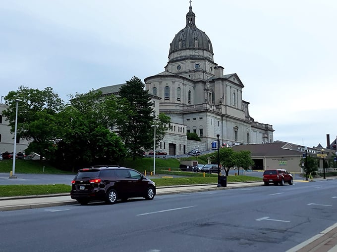 A quiet day in Altoona, Pennsylvania, with the grand Cathedral of the Blessed Sacrament overlooking the town's calm streets and modest charm.