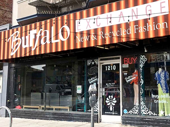 The "Buy, Sell, Trade" promise glows in the window. Buffalo Exchange isn't just shopping—it's fashion recycling with attitude.