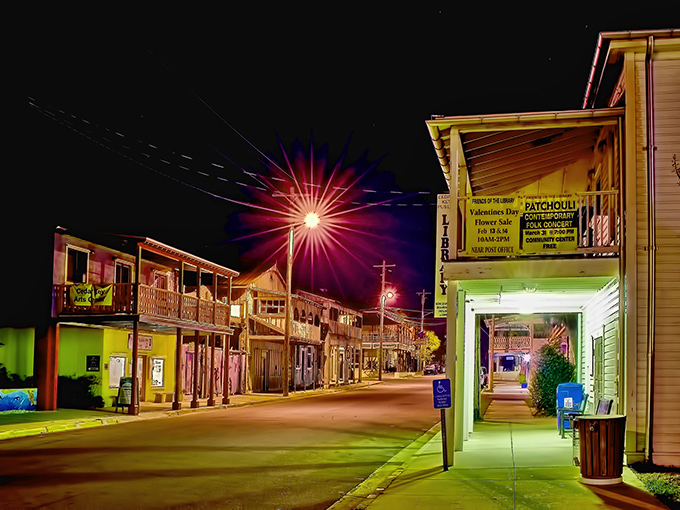 Night falls on Cedar Key's colorful storefronts, turning this fishing village into a neon-lit reminder that Florida's best spots aren't always the loudest.