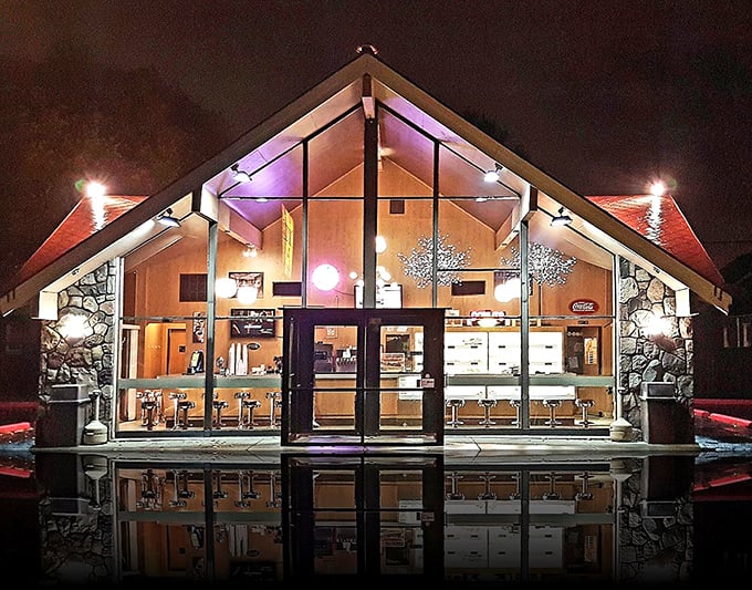 By night, Donutville glows like a donut spaceship that landed in Dearborn – beaming up hungry humans for sweet encounters of the fried kind.