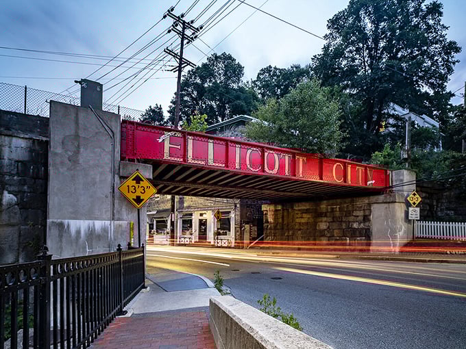 The iconic "Ellicott City" bridge announces your arrival to a town that's literally carved into hillsides.