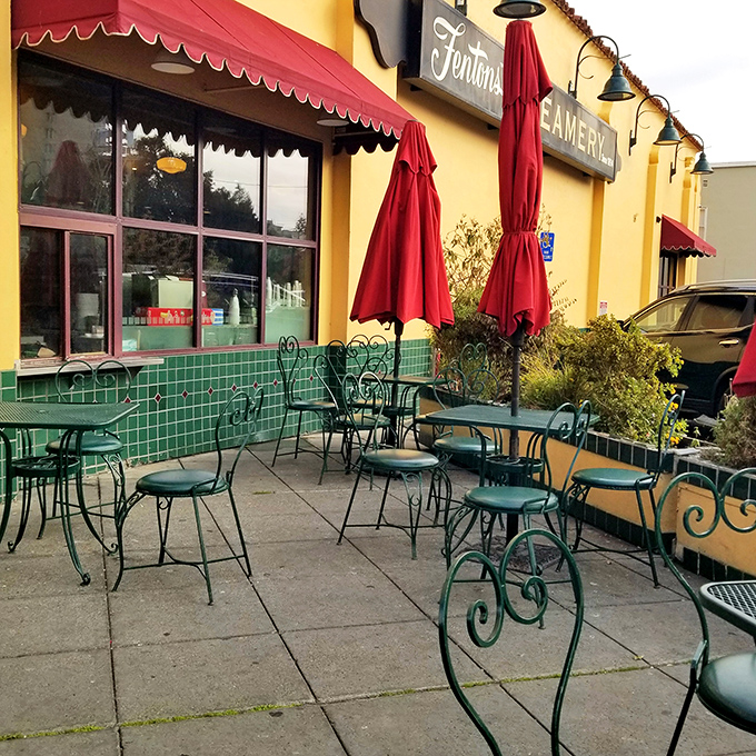 Those charming green chairs invite you to sit awhile. Ice cream tastes better with friends and California sunshine.