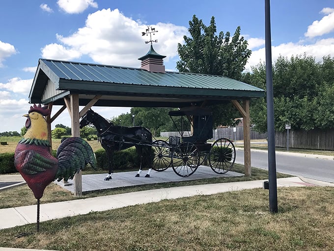 A covered buggy stand complete with rooster decoration—Grabill's version of a parking garage with countryside flair.