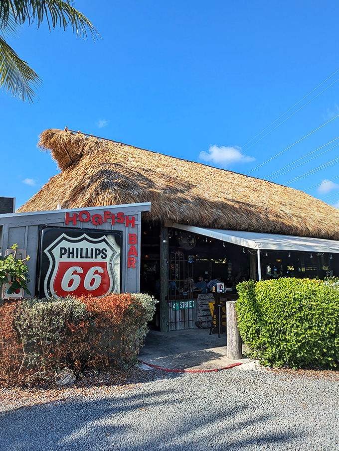 The thatched roof keeps the sun off while you devour seafood that never saw the inside of a freezer.