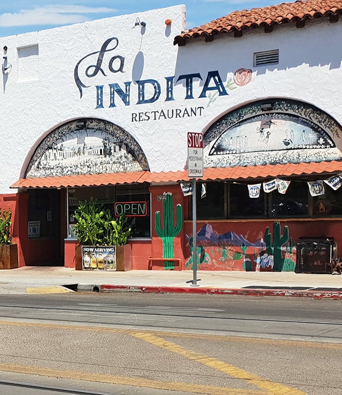 La Indita's charming storefront blends Mexican and Southwestern aesthetics. Those arched windows have witnessed decades of satisfied smiles.