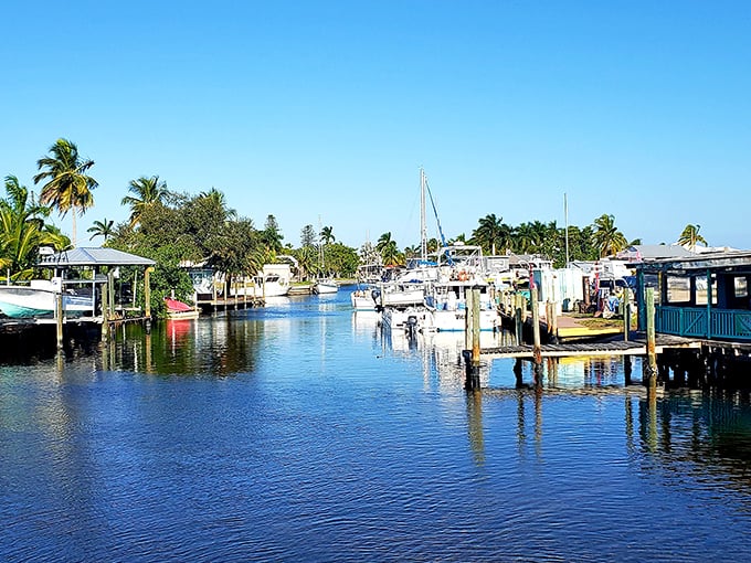 Matlacha's waterfront view showcases Florida's hidden island life. Where boats outnumber cars and everyone's fishing for dinner.
