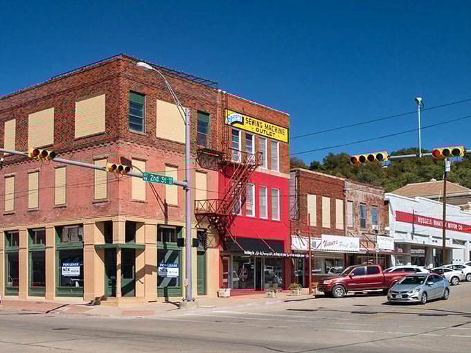 Downtown storefronts in Mineral Wells – where window shopping still means actually looking through windows, not scrolling.