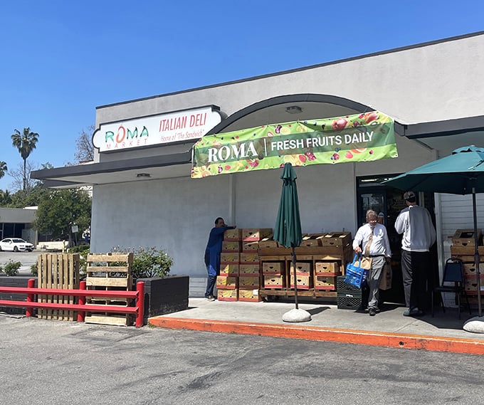Fresh produce outside, sandwich perfection inside—Roma Market brings a slice of Italy to Pasadena's sunny streets.