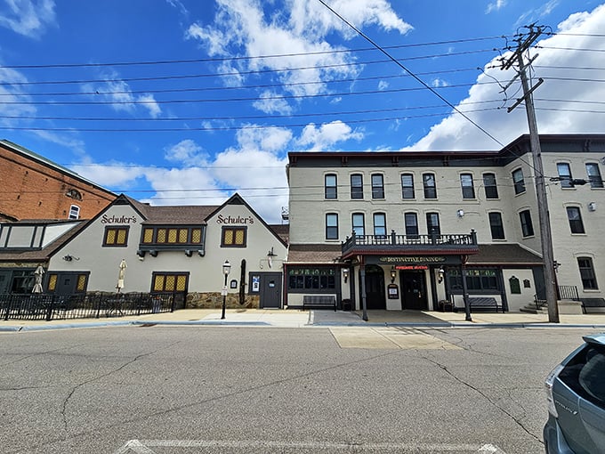 The outdoor dining area at Schuler's offers a front-row seat to small-town charm with big-time flavor just steps away.