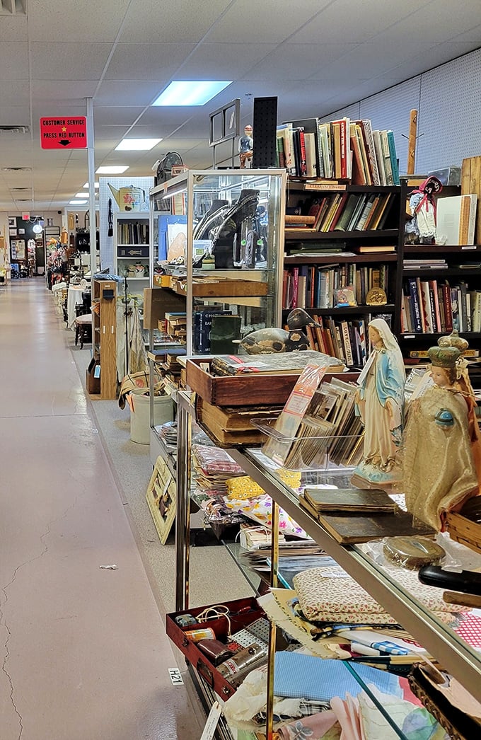 Books, china, and curiosities line these well-organized shelves. Your wallet may never forgive you!
