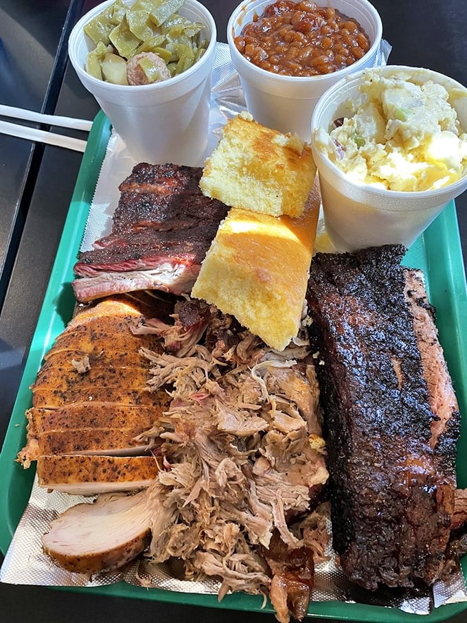 The BBQ sampler tray: where decisions are unnecessary and food envy is impossible. Those sides aren't playing supporting roles—they're co-stars.