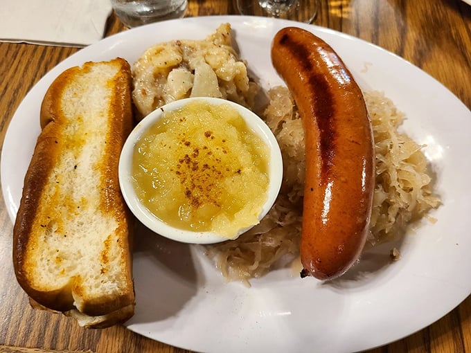 The famous Bahama Mama sausage paired with sauerkraut creates an unexpectedly perfect flavor harmony.