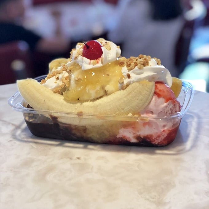 Not just a banana split but a architectural masterpiece of fruit, ice cream, and toppings that would make Frank Lloyd Wright put down his drafting pencil.