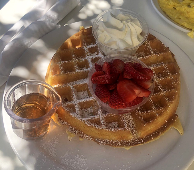 This Belgian waffle isn't just breakfast, it's architecture—golden, crisp infrastructure supporting delicate strawberries and a cloud of whipped cream.