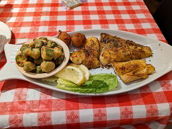 Blackened fish that's actually properly blackened—not cremated! Paired with fried okra that would make any Southern grandmother nod in approval.