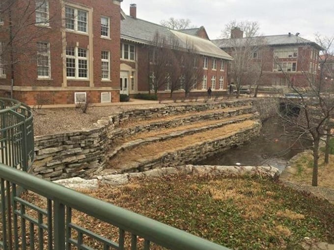 This stone amphitheater along Boneyard Creek offers a peaceful urban oasis – nature's version of stadium seating in the heart of campus.