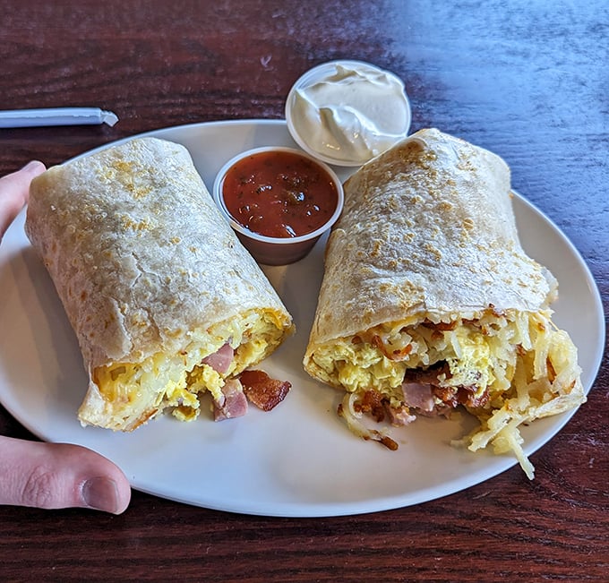 Breakfast burritos that could end wars – stuffed with eggs, meat, and cheese, they're the handheld morning miracle that makes Monday feel like Saturday.