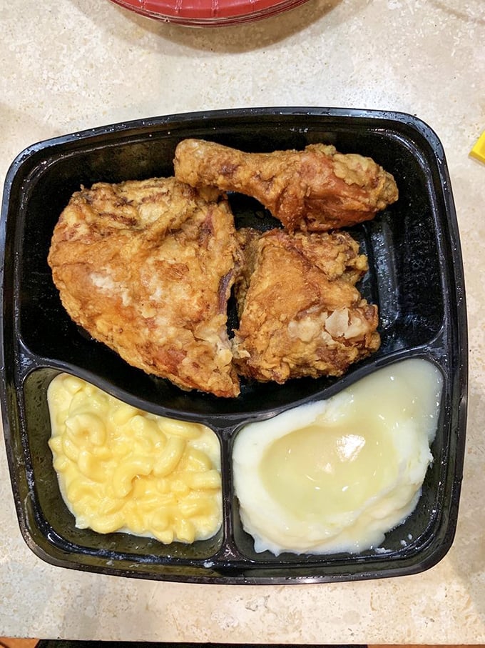 Broasted chicken so perfectly golden it deserves its own trophy, accompanied by mac and cheese that puts childhood memories on notice.