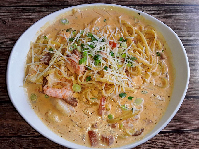 Cajun cream sauce that could make a Louisianan homesick. Plump shrimp and andouille sausage transform linguine into something worth breaking your diet for.