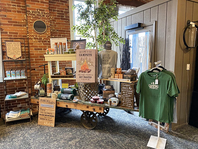 The "campsite" corner offers everything but the mosquitoes, with clever signs and outdoor-themed goods that make roughing it seem downright civilized.