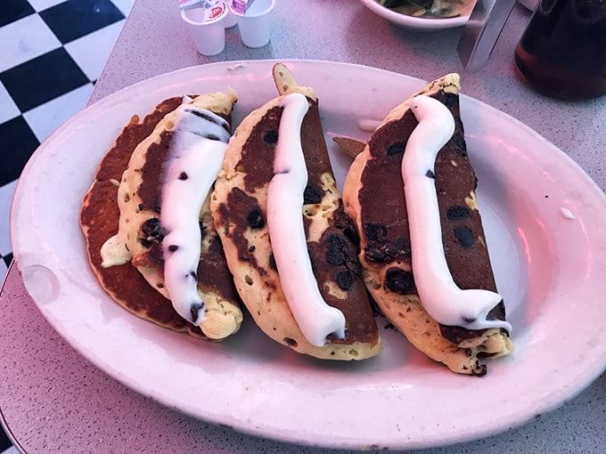 These aren't just pancakes—they're edible works of art, with chocolate chips and cannoli cream creating a breakfast that doubles as dessert.