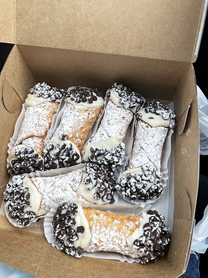 These cannoli aren't just desserts—they're architectural marvels of crisp shells, creamy filling, and chocolate chips that defy gravity.