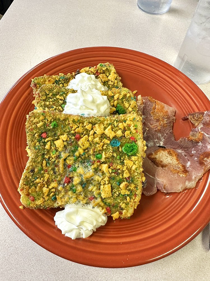 This isn't just French toast—it's breakfast wearing a party hat. Captain Crunch crust brings childhood nostalgia to your grown-up morning.
