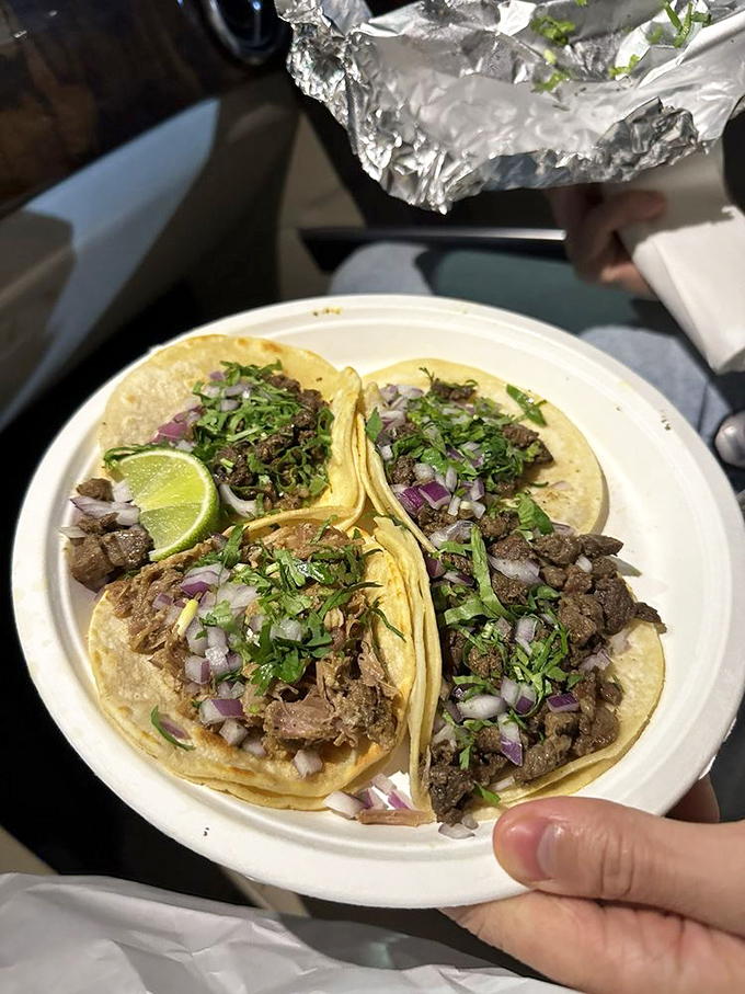 Carne asada and carnitas street tacos in their purest form — simple corn tortillas cradling perfectly seasoned meat, topped with cilantro, onion, and a squeeze of lime. No frills. Just perfection.