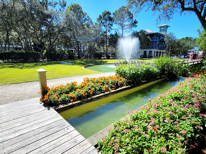 Cerulean Park's fountain and flower beds create Seaside's verdant heart. A pocket of tranquility that makes you want to cancel all your appointments forever.