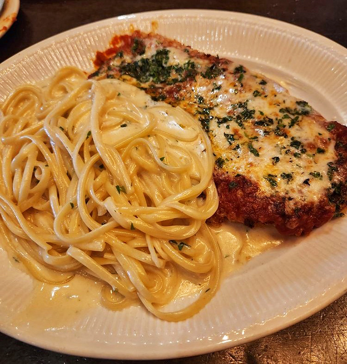 Chicken Parmesan and pasta that makes you wonder why you ever waste calories on lesser versions. This is the real deal.