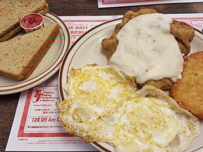Chicken fried steak swimming in creamy gravy with eggs sunny-side up—breakfast of champions or the reason for your afternoon nap? Either way, worth it.