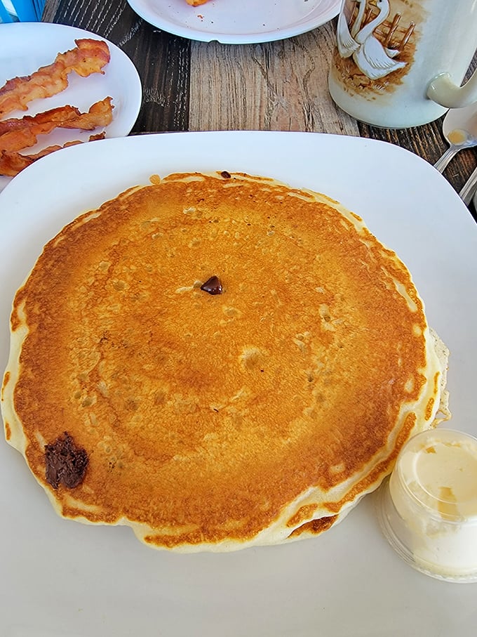 This chocolate chip pancake isn't just breakfast—it's therapy. Golden-brown perfection with melty chocolate surprises waiting to brighten your morning outlook.
