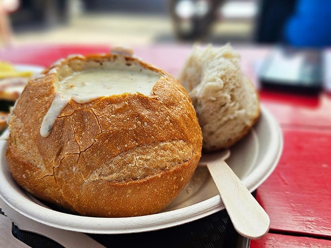This creamy clam chowder served in a sourdough bowl defines comfort food at its finest.