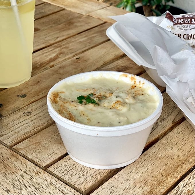 New England clam chowder served California-style: outdoors, under blue skies, with zero percent chance of snow but 100% chance of satisfaction.