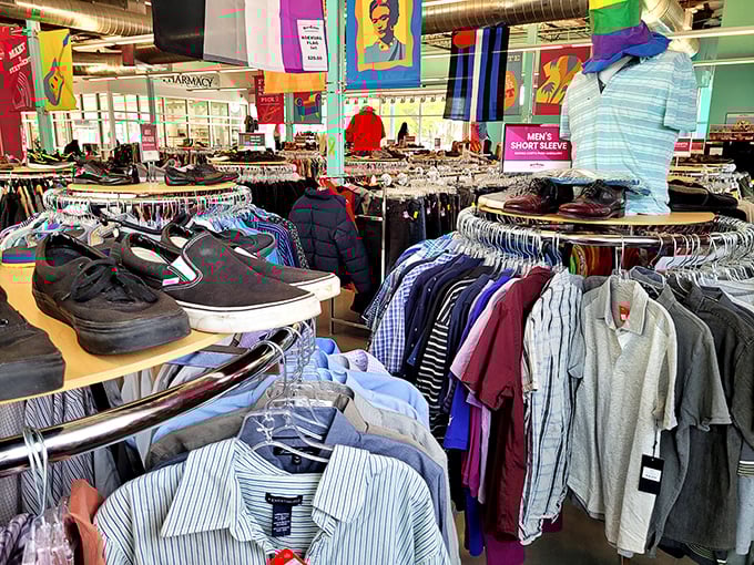 Men's shirts lined up like eager job applicants—each one hoping to be the perfect fit for your next Zoom meeting or backyard barbecue.