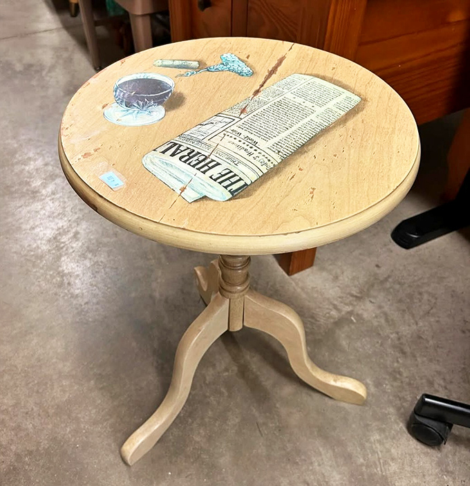 A wooden side table sporting newspaper decoupage—someone's Pinterest project awaiting adoption. Martha Stewart would either applaud or quietly disapprove.