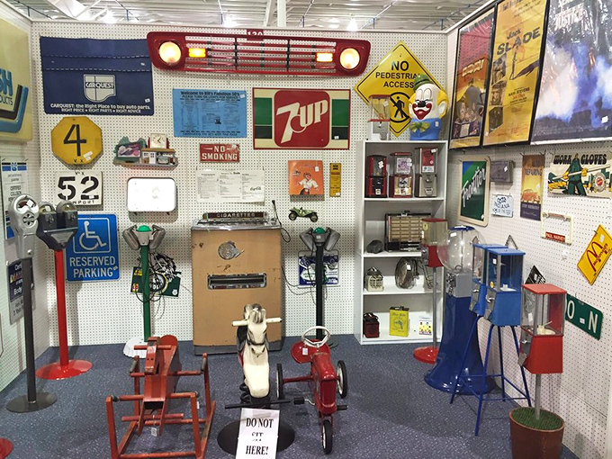 Nostalgia on display! This booth's vintage signs and kiddie rides prove one person's "Remember when?" is another's perfect home décor.