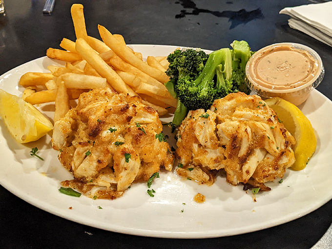 Crab cakes that actually taste like crab—what a concept! Paired with fries and broccoli, it's the comfort food trifecta.