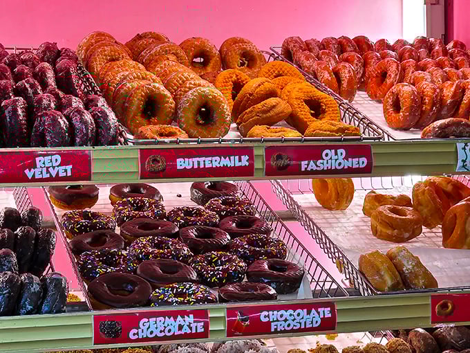 The donut display is like a colorful edible art gallery – from vibrant Red Velvet to classic Old Fashioned, each pastry patiently waiting for its forever home.
